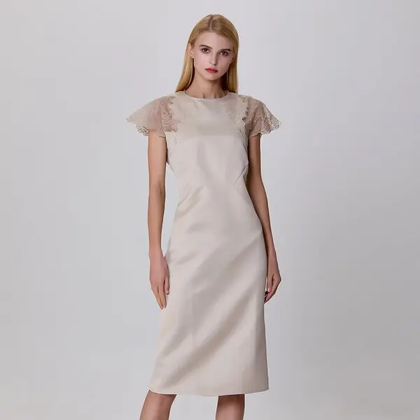SMART AND JOY Satin Dress With Lace Sleeves - White