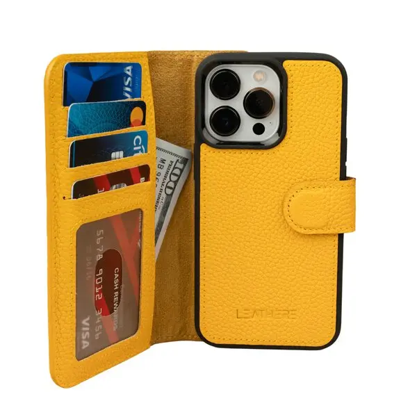 LEATHERE Iphone Yellow Leather Wallet Case New York - Orange