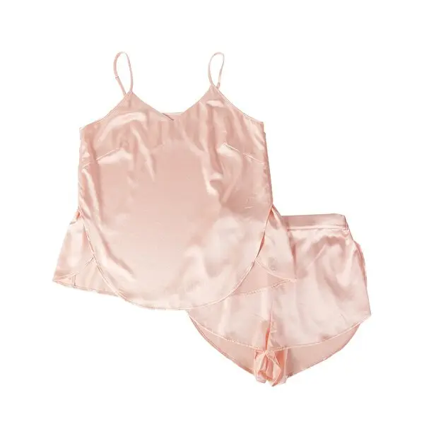 SOFT STROKES SILK Pure Mulberry Silk Petal Camisole Top And Shorts Set, Mid-waist - Pink