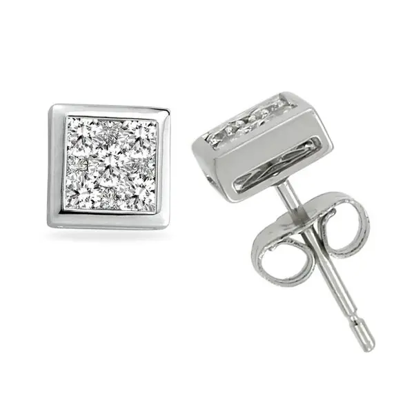 ARTISAN 18k Gold Diamond Princess Cut Cluster Stud Earrings - White