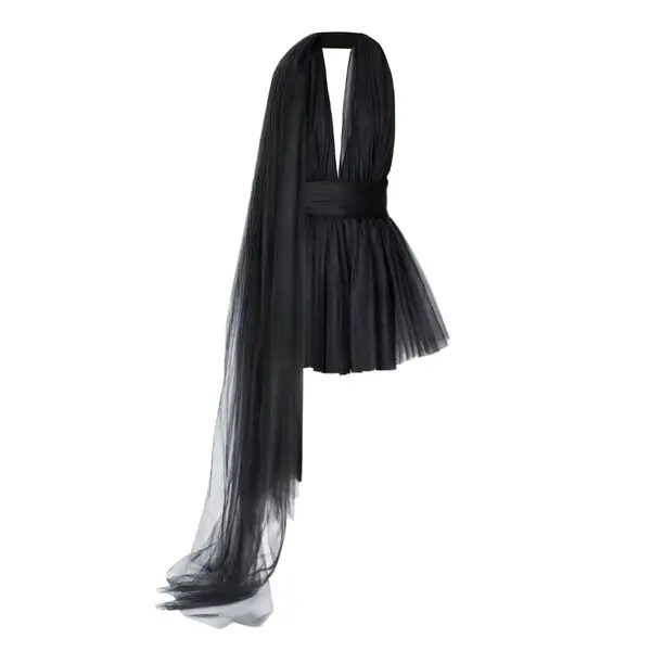 LIA ARAM Tulle Mini Dress With Oversized Scarf - Black
