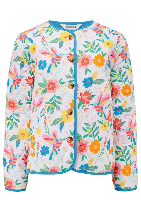 SUGARHILL BRIGHTON Rocco Quilted Tropical Hummingbird Jacket - White
