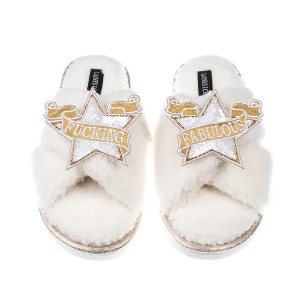 LAINES LONDON Boucle Slippers With Brooches - White