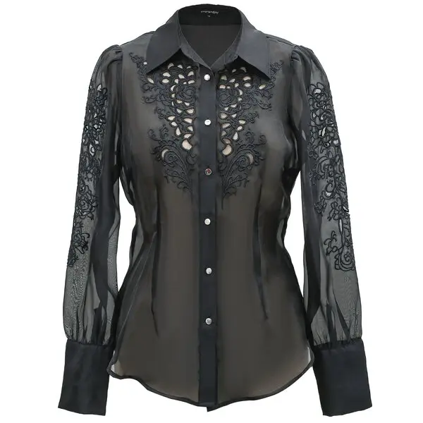 SMART AND JOY Embroidered Organza Blouse - Black