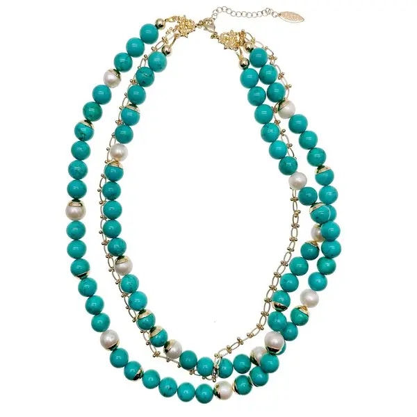FARRA Turquoise And Freshwater Pearls Layered Necklace - Blue