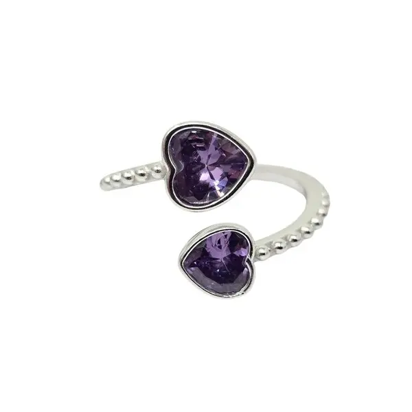 HARFI Double Heart Amethyst Adjustable Ring - Purple/silver