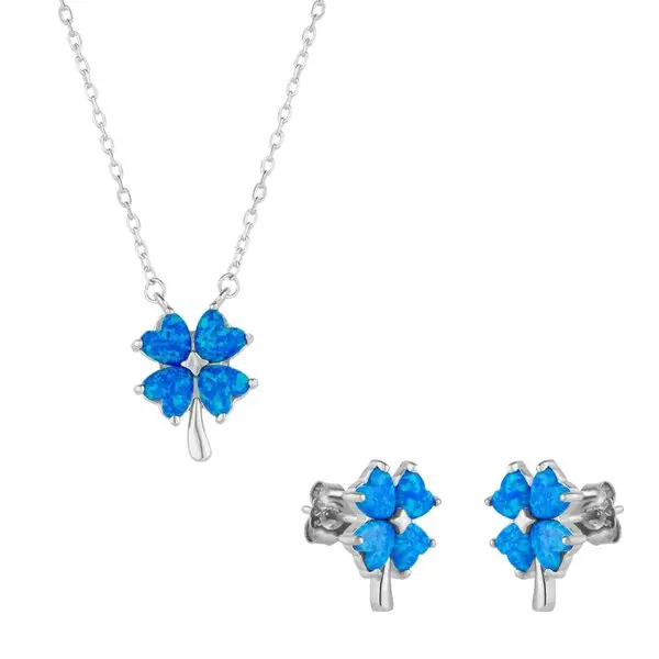SPERO LONDON Blue Opal Four Leaf Clover Sterling Necklace & Earring Set - Silver