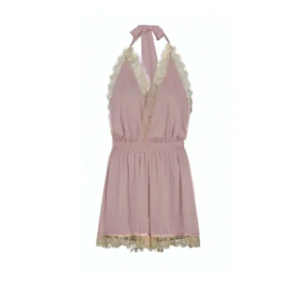 NOBLESSE OBLIGE Cactus Rose Halter Lace Romper - Pink