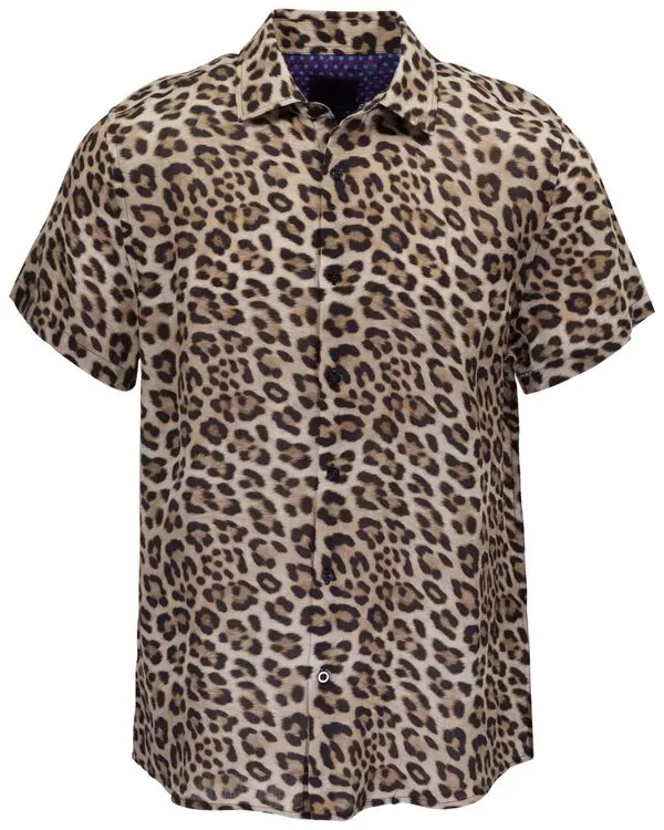 LORDS OF HARLECH Landon Leopard Linen Button-up Shirt - Brown