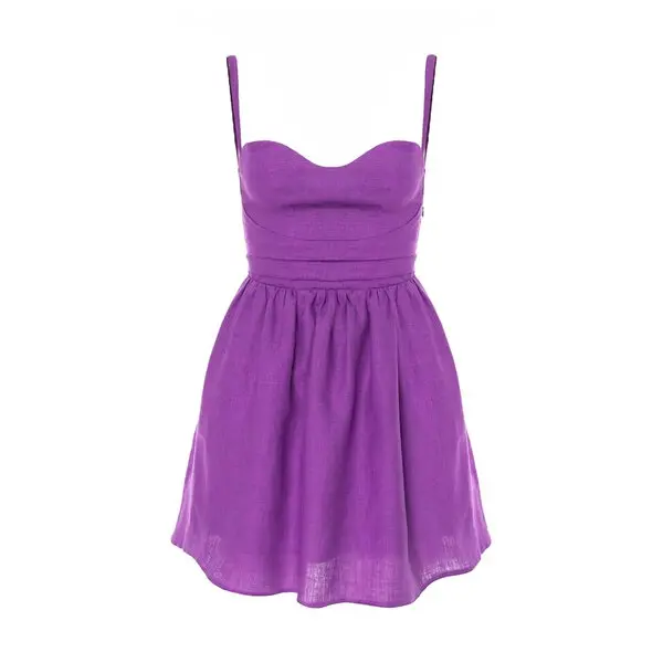 AVENUE N°29 Linen Gathered Mini Dress With Straps - Purple