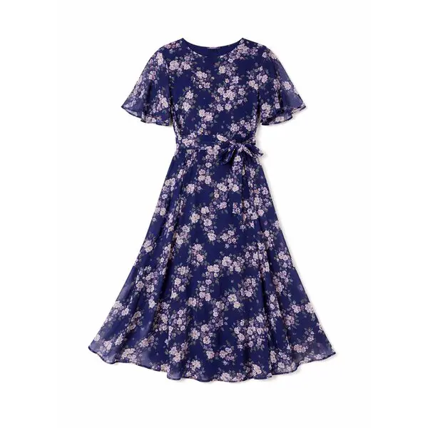 YUMI Navy Blossom Print Midi Skater Dress With Angel Sleeves - Blue