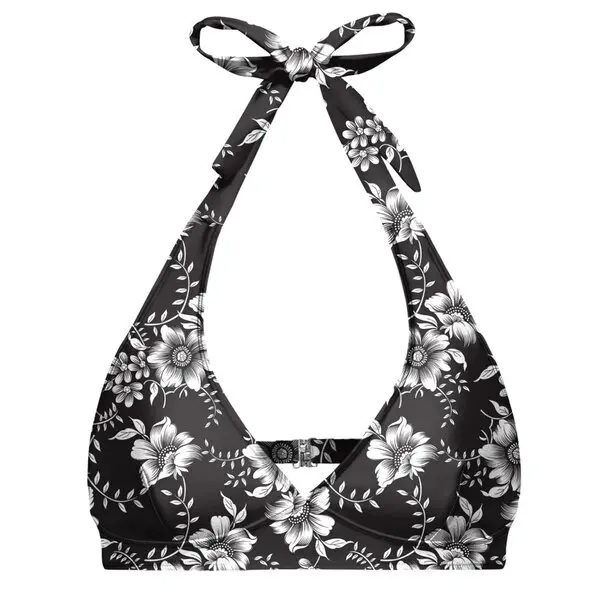 ALOHA FROM DEER Floral Print Halterneck Bikini Top - Black/grey