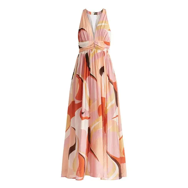 PAISIE Retro Wave Halter Neck Maxi Dress - Pink/red