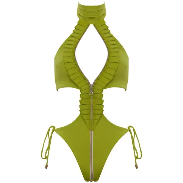 ANTONINIAS Cut-out One-piece Swimsuit With Ruffles And Adjustable Front Zipper - Green