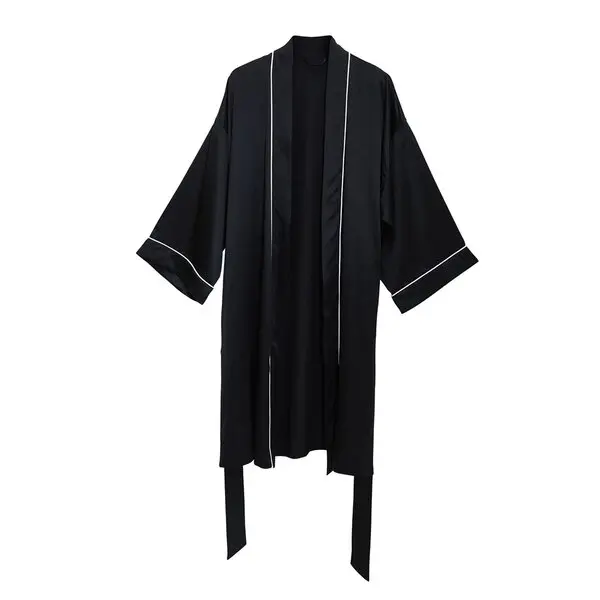 SOFT STROKES SILK Pasithea Kimono Pure Silk Robe Knee Length Double Belts And Pockets - Black