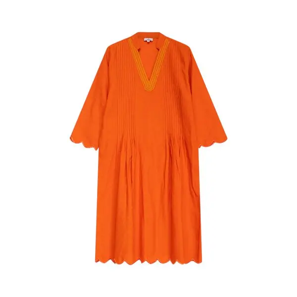 NIZA Midi Dress With Embroidered Neckline And Short Sleeves - Orange