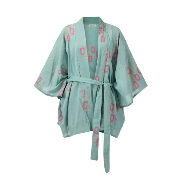 HERITAGEMODA Organic Cotton Short Kimono - Green/blue