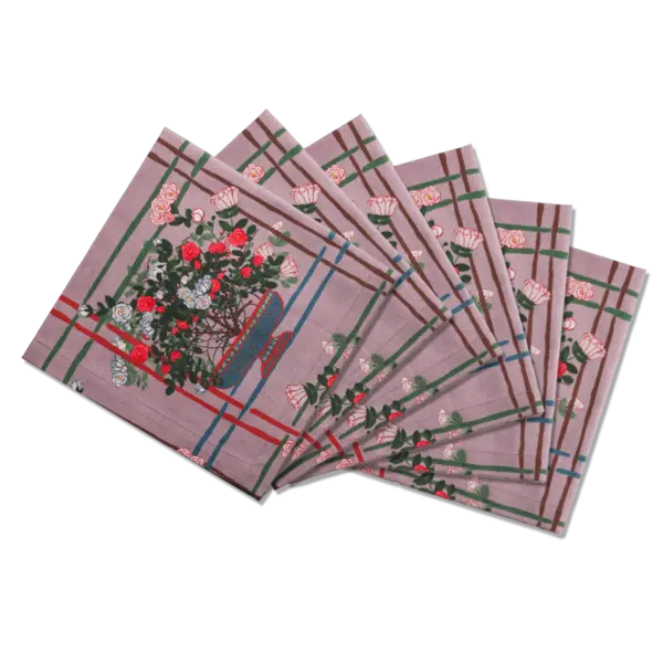 SOPHIE WILLIAMSON DESIGN Set Of Six Napkins With Bold Lines And Flowers On Dusty Lilac Offcut Version - Purple