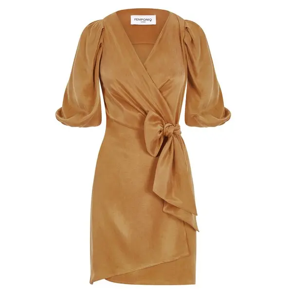 FEMPONIQ Draped Vegan Cupro Wrap Dress - Yellow