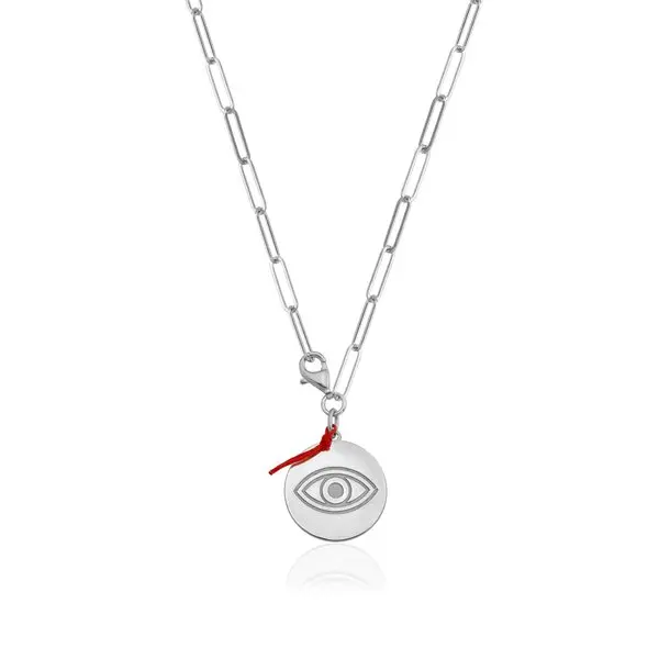 THE PHEIA Evil Eye Medallion Necklace With Red Thread Detail - Silver