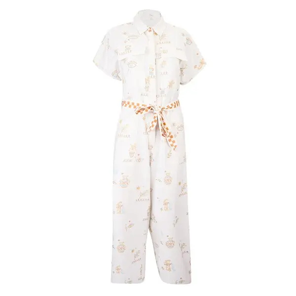 EM & SHI Printed Straight Cut Jumpsuit With Belt - Black/blue/white