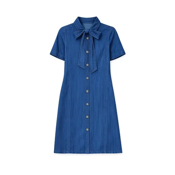 YUMI Chambray Tunic With Pussy Bow Tie - Blue