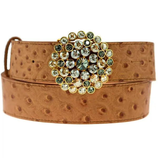 PEACHY BELTS LTD Ostrich Print Leather Belt With Crystal Buckle - Brown