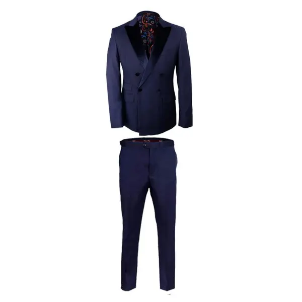 DAVID WEJ Alfredo Dress Double Breasted Velvet Peak Lapel Tuxedo Set – Navy - Blue