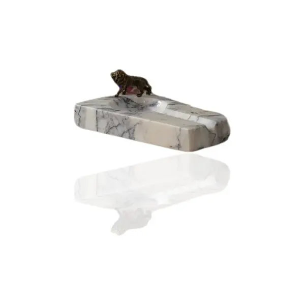 MARLETH White / Brown Handmade White Marble Cigar Ashtray With Bronze Lion Detail - White/brown