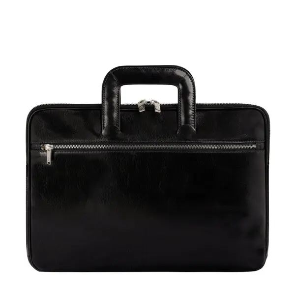TIME RESISTANCE Full-grain Leather Briefcase Laptop Bag - Black