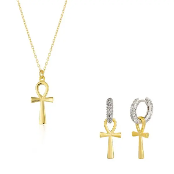 SPERO LONDON Sterling Silver Egyptian Ankh Necklace And Earring Set - Gold