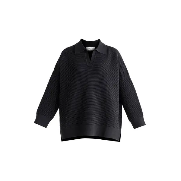 PAISIE Polo Collar Ribbed Jumper - Black