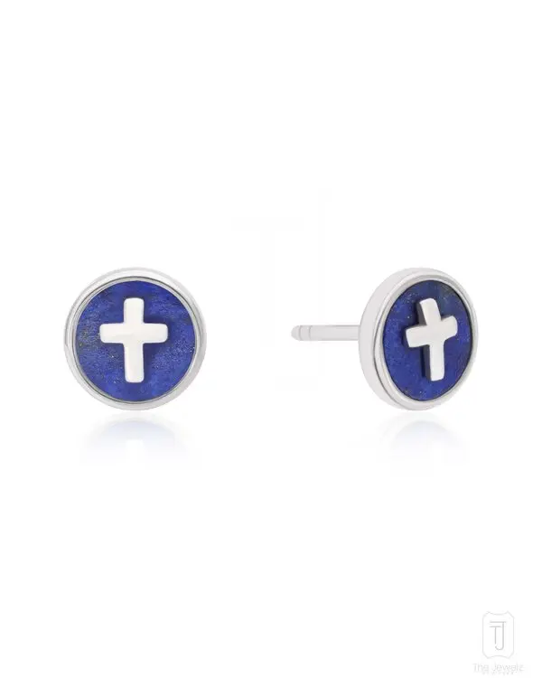 THE JEWELZ Sterling Silver Lapis Lazuli Cross Stud Earrings - Silver/blue/white