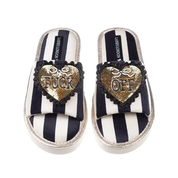 LAINES LONDON Flatform Stripe Open Toe Slippers With Brooches - Black/white