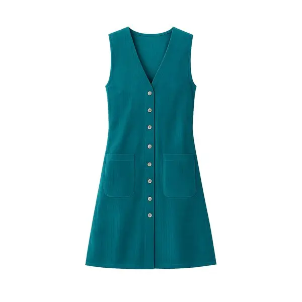 YUMI Teal Cord Button Through Pinafore Dress With Pockets - Blue