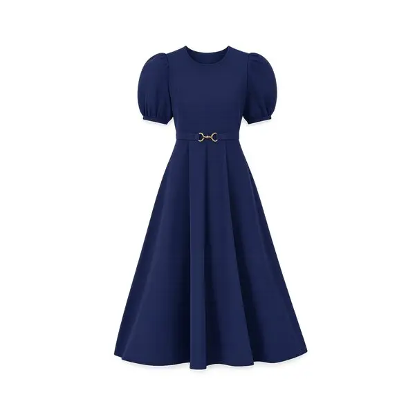 YUMI Navy Skater Dress With Puff Sleeves And Buckle Detail - Blue