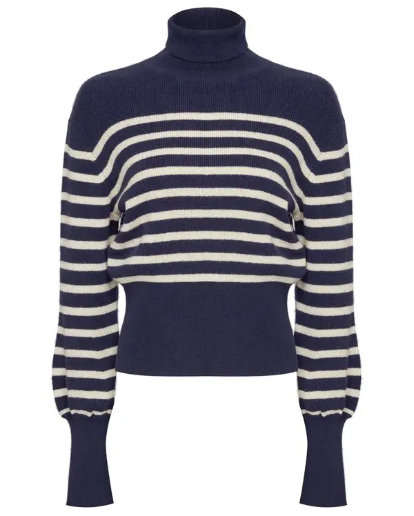 GUINEA Navy & Cream Lurex Stripe Cashmere Blend Roll Neck Jumper