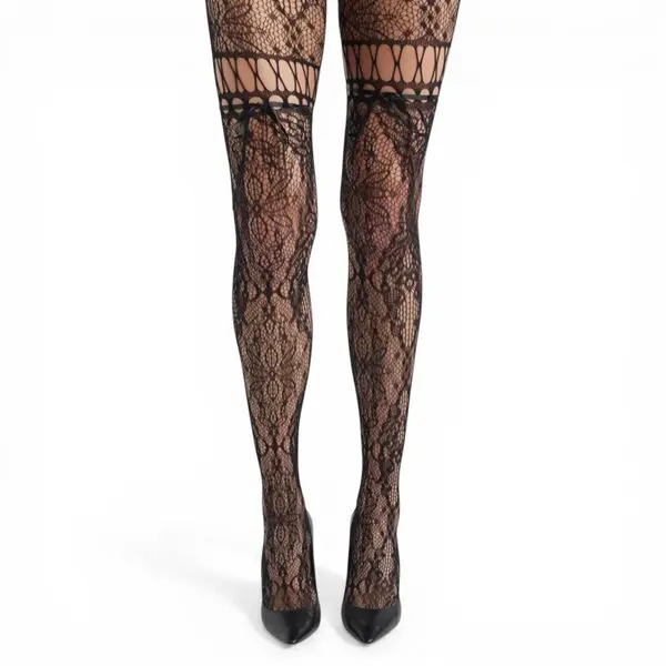 HIGH HEEL JUNGLE BY KATHRYN EISMAN Chevonne Lace And Satin Fishnet Tights - Black