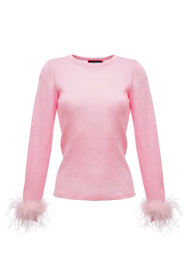 ANDREEVA Knit Top With Detachable Feather Cuffs