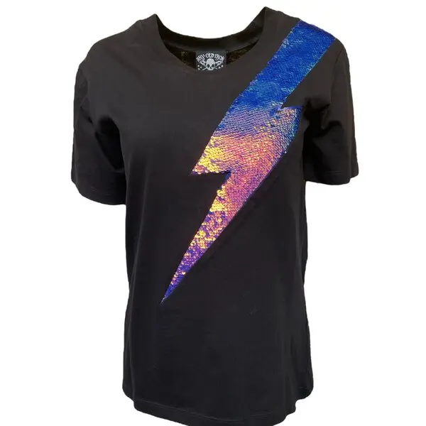 ANY OLD IRON Iridescent Oil Slick Sequin Lightning T-shirt - Black