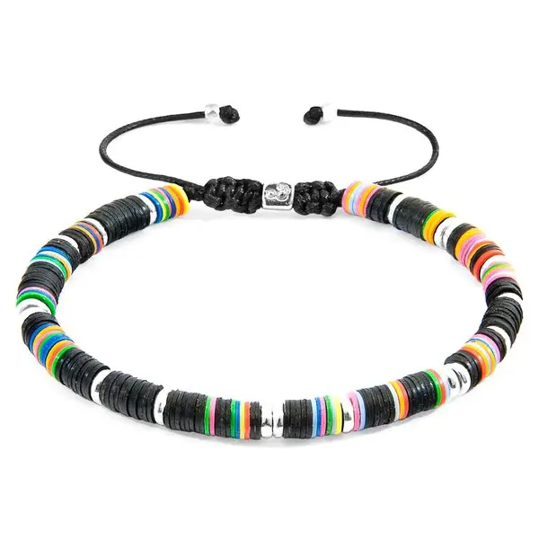 ANCHOR & CREW Kivu Silver & Vinyl Disc Macrame Bracelet - Black