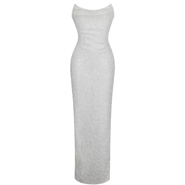 MISS CIRCLE NEW YORK Myra Beaded Mesh Strapless Maxi Dress