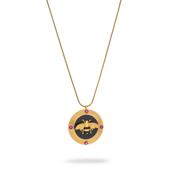 EBRU JEWELRY Divine Bee Ruby Medallion Gold Necklace - Gold/red