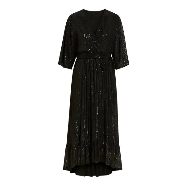 YUMI Sequin Kimono Midi Wrap Dress - Black