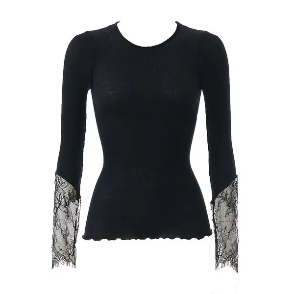 AROMATIQUE Ribbed Wool Long Sleeve Top With Lace Cuffs - Black