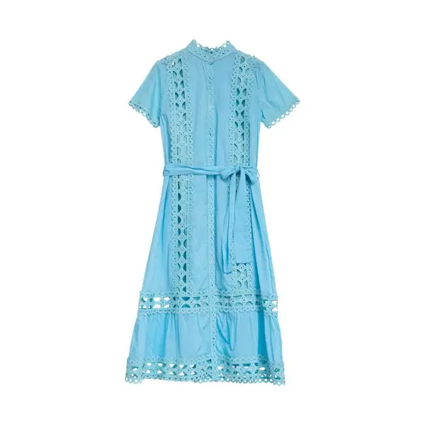 NIZA Midi Dress With Puff Sleeves And Belt - Blue
