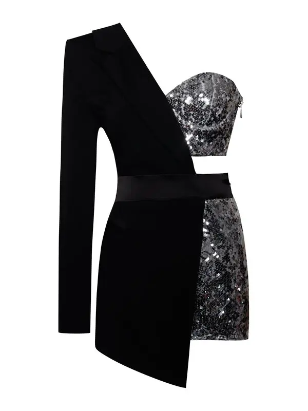 MISS CIRCLE NEW YORK Asymmetrical Sequin Blazer Romper - Black/silver