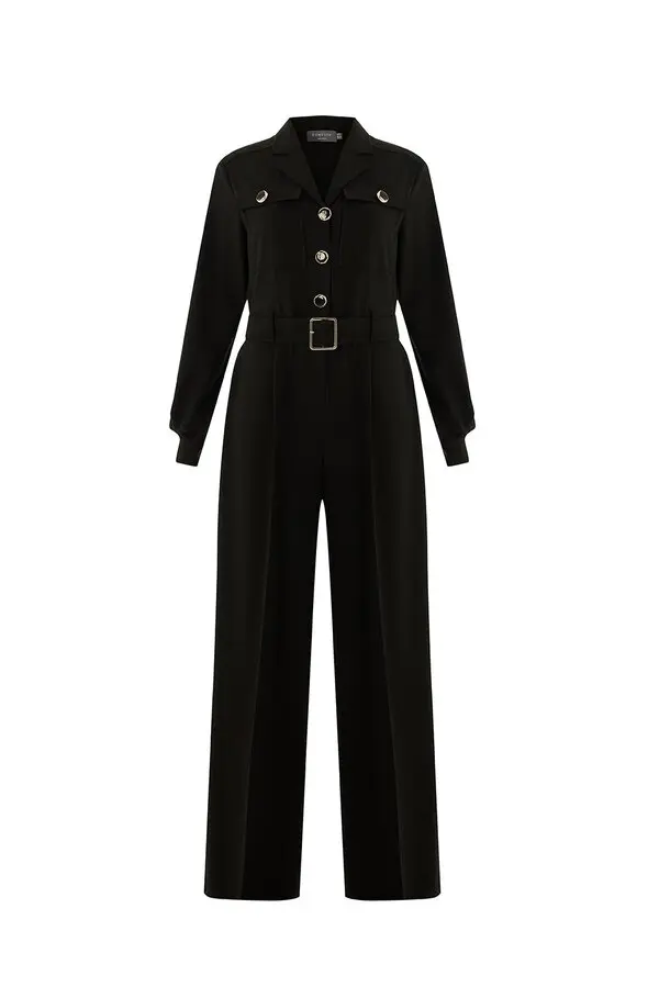 EXQUISE Emmalyn Regular Shirt Collar Jumpsuit - Black