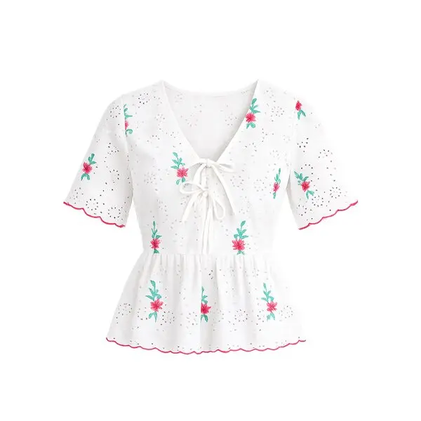YUMI Cotton Broderie Anglaise Embroidered Tie Top - White