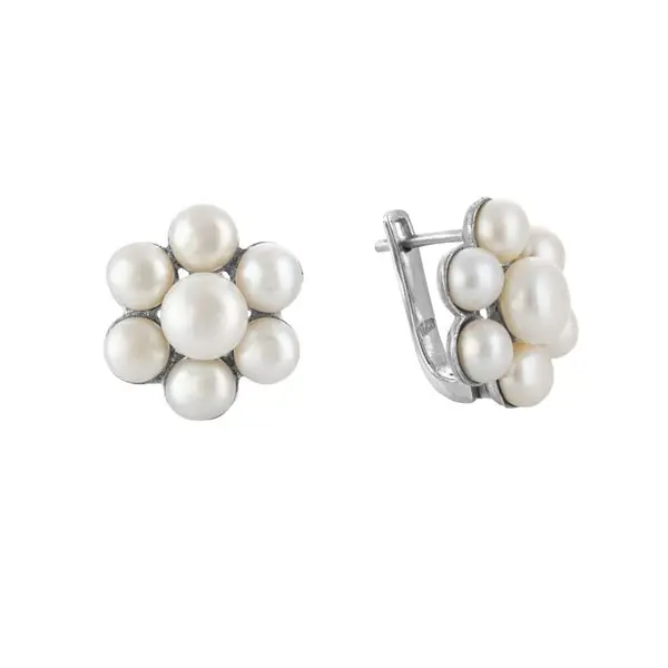 ESTERAH Pearl Flower Stud Earrings - Silver